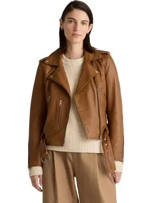 Quince Leather Motorcycle Jacket With Belted Hem Cognac