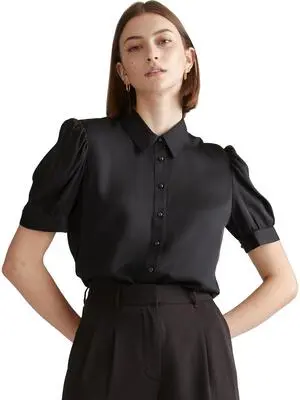 Quince Washable Stretch Silk Puff Sleeve Blouse Black
