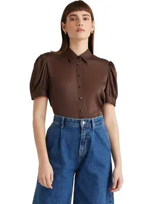 Quince Washable Stretch Silk Puff Sleeve Blouse Hot Fudge
