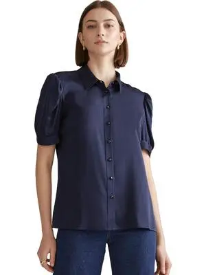 Quince Washable Stretch Silk Puff Sleeve Blouse Navy