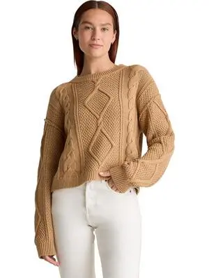 Quince Organic Cotton Cropped Cable Crew Sweater Camel