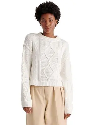 Quince Organic Cotton Cropped Cable Crew Sweater Ivory