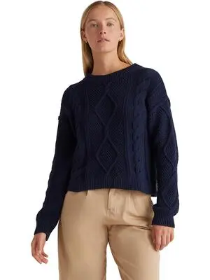 Quince Organic Cotton Cropped Cable Crew Sweater Navy
