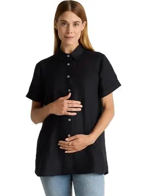 Quince 100% European Linen Maternity Camp Shirt Black