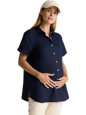 Quince 100% European Linen Maternity Camp Shirt - Deep Navy