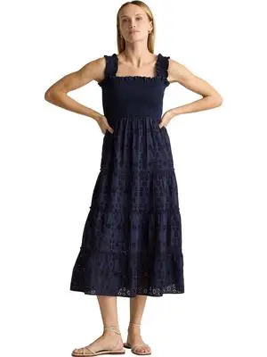 Quince Eyelet Smocked Midi Dress - Navy