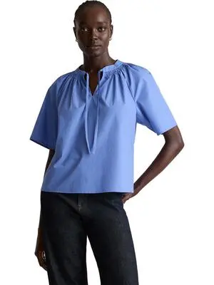 Quince Poplin Split Neck Top True Blue