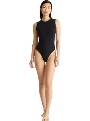 Quince Stretch Cotton Jersey High Neck Sleeveless Bodysuit - Black