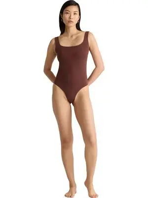 Quince Stretch Cotton Jersey Square Neck Tank Top Bodysuit - Cocoa