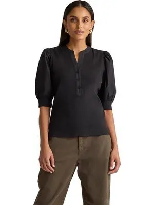 Quince Cotton Mixed Media Puff Sleeve Top - Black