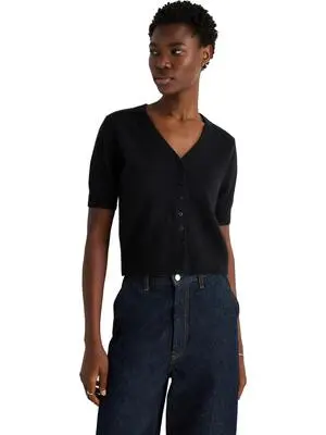 Quince Cashmere Short Sleeve Cardigan Sweater Black