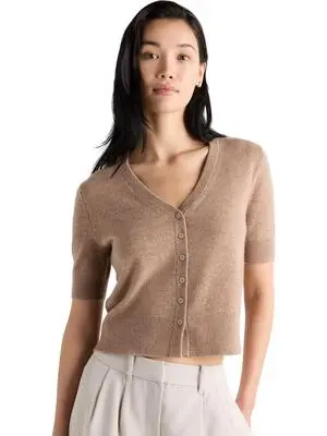Quince Cashmere Short Sleeve Cardigan Sweater Oatmeal