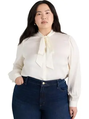 Quince Washable Stretch Silk Tie Neck Blouse Ivory