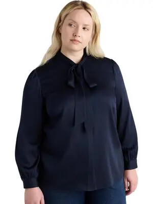 Quince Washable Stretch Silk Tie Neck Blouse Navy