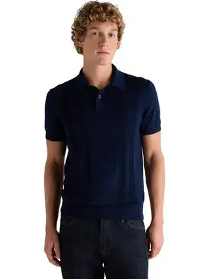 Quince Cotton-silk Ribbed Short Sleeve Sweater Polo - Navy