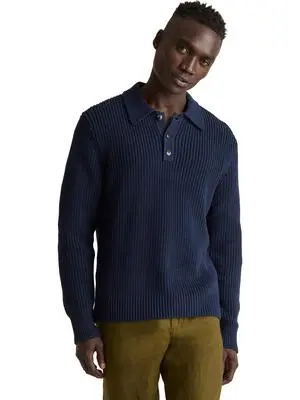 Quince Fisherman Polo Sweater - Navy