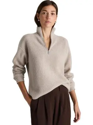 Quince Mongolian Cashmere Fisherman Quarter Zip Sweater Heather Cloud Beige