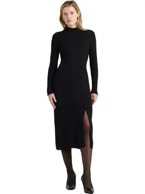 Quince Cotton Cashmere High Neck Midi Dress With Side Slit Black