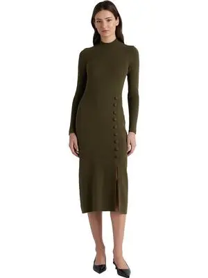 Quince Cotton Cashmere High Neck Midi Dress With Side Slit Olive