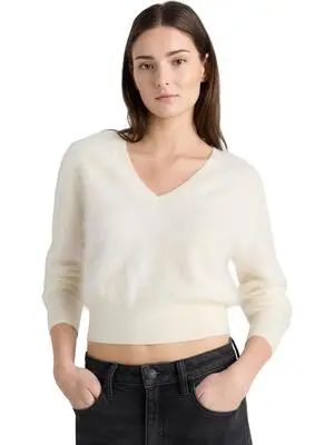 Quince Brushed Cashmere Shrunken V-Neck Sweater Ivory