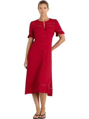 Quince Crepe Lace Inset Midi Dress - Ruby Red