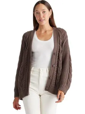 Quince Oversized Cable Knit Cardigan - Heather Brown