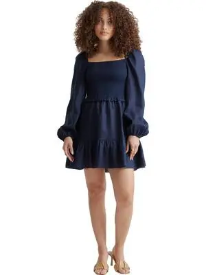 Quince 100% European Linen Smocked Mini Dress - Deep Navy