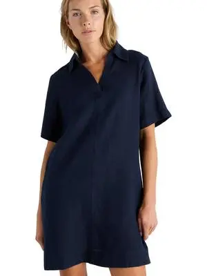 Quince 100% European Linen Popover Mini Dress - Deep Navy