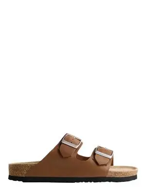 Quince Nappa Leather Double Buckle Slides Brown