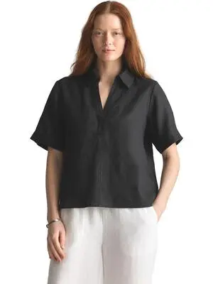 Quince 100% European Linen Short Sleeve Popover Top Black