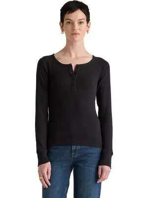 Quince Organic Cotton Micro-rib Henley Long Sleeve T-shirt - Black