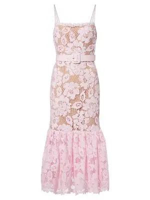 SELF-PORTRAIT Belted Crochet Midi Dress - Pink