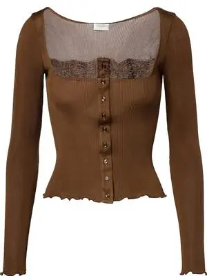Saint Laurent Lace-trimmed Ribbed-knit Silk Jersey Top - Brown