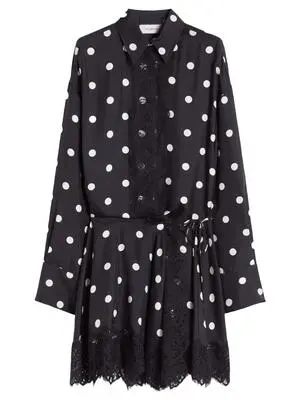 Sportmax Polka Dot Silk Twill Mini Shirt Dress With Lace Details - Black