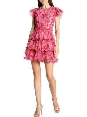 Mac Duggal Floral High Neck Ruffle Mini Dress - Pink Multi