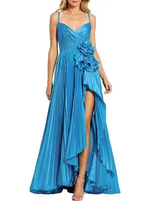 Mac Duggal V-neck Pleated Charmeuse Gown With Floral Applique And High-low Skirt - Turquoise