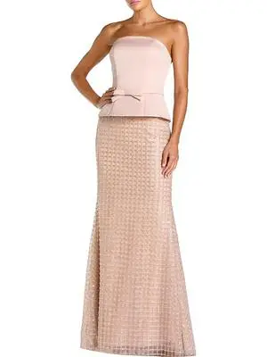 Mac Duggal Strapless Bow Peplum Gown With Embellished Skirt - Blush