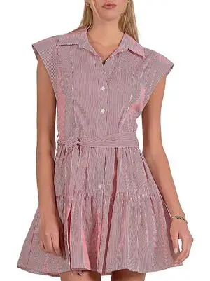 Elan Cap Sleeve Tiered Dress With Pin Stripes - Red Stripe