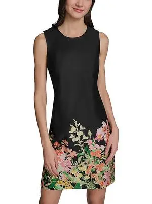 Karl Lagerfeld Paris Floral Border Print Sleeveless Shift Dress - Black Multi