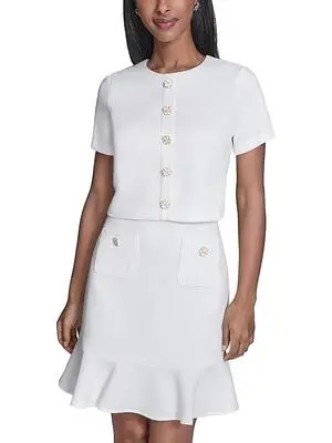 Karl Lagerfeld Paris Flower Button Tweed Dress - Soft White