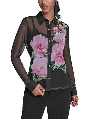 Karl Lagerfeld Paris Floral Print Sheer Knit Blouse - Black