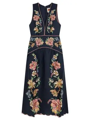 Farm Rio Maira Long Linen Floral Print Dress Blue