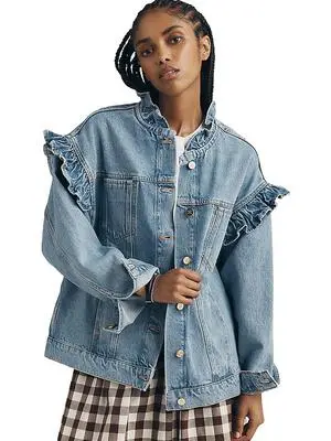 Maeve Denim Ruffle Trucker Jacket - Medium Denim
