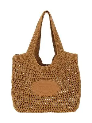 TOD'S Medium Raffia Crochet Tote Bag - Brown