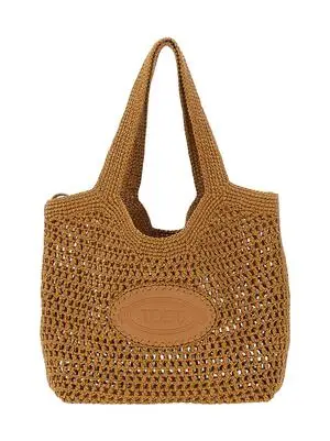 TOD'S Medium Raffia Crochet Tote Bag - Brown