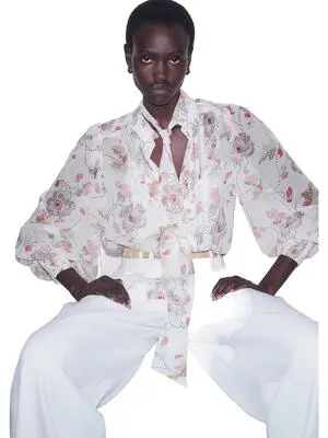 ME+EM Printed Silk Blouse With Cami And Tie - Light Cream Multi