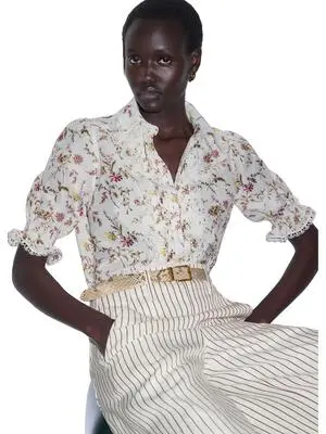 ME+EM Silk Cotton Floral Print Blouse - Light Cream/multi