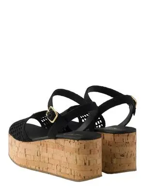 Prada Crochet Wedge Platform Sandals With Logo Buckle - Black
