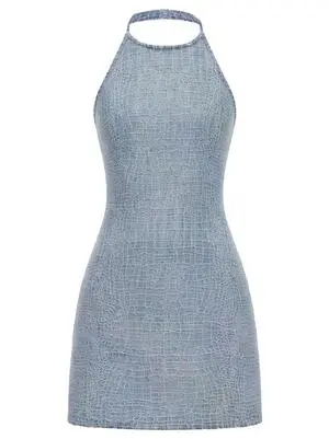 SELF-PORTRAIT Rhinestone Croc-effect Denim Mini Dress - Blue