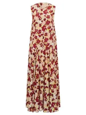 Marni Sleeveless Floral Print Silk Maxi Dress - Red